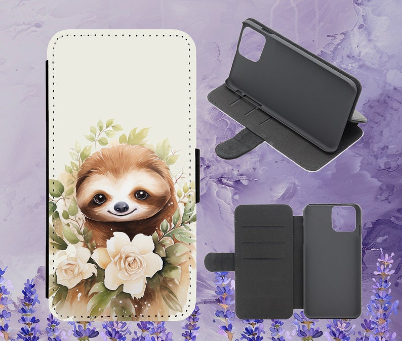 Cute Sloth With Flowers Watercolour Flip Phone Case for iPhone Samsung ...