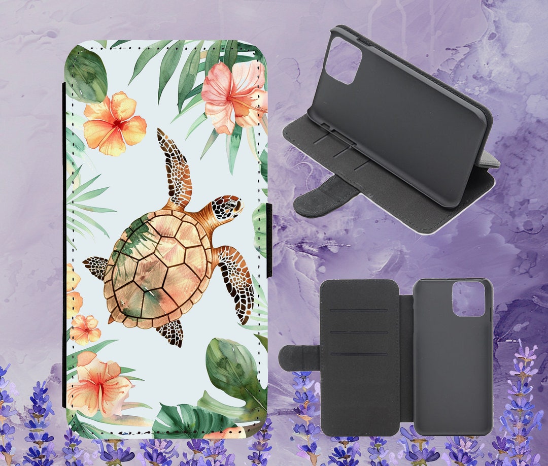 Turtle With Exotic Flowers Watercolour Flip Phone Case for iPhone ...