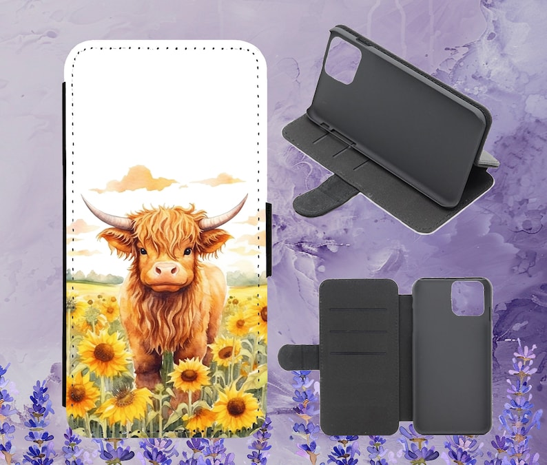 Cute Highland Cow With Sunflowers Floral Watercolour Flip Phone Case ...
