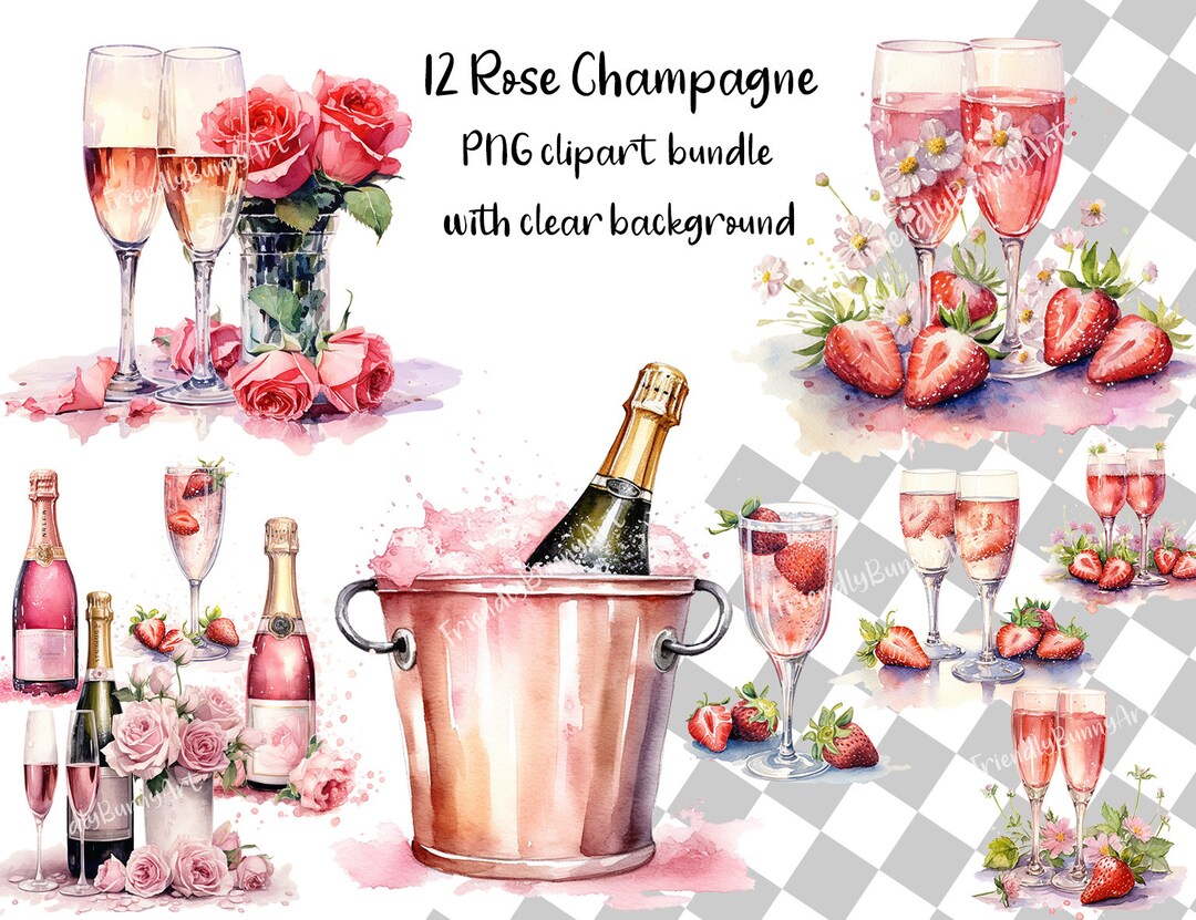 Pink Champagne PNG, Watercolour Rose Champagne Strawberry Bundle ...