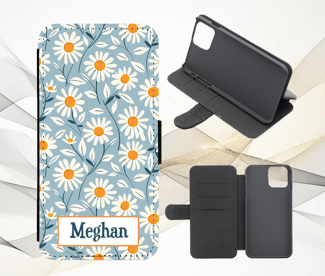 PERSONALISED Daisy Pattern Blue Flip Phone Case for iPhone Samsung ...