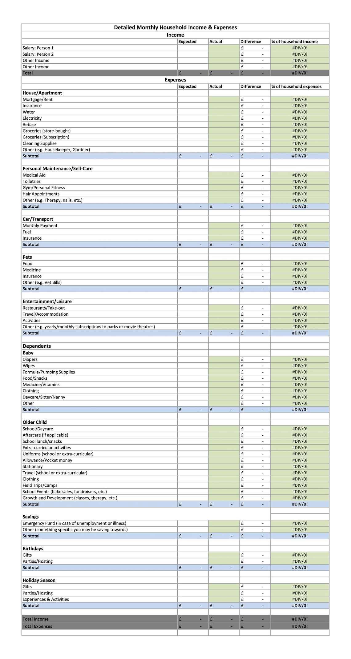 Detailed Monthly Spreadsheet Household Monthly Spreadsheet Custom ...