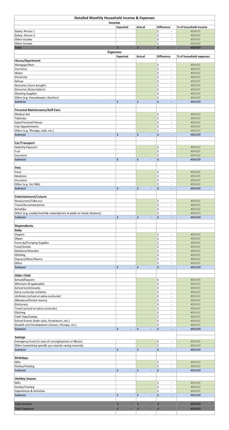 Detailed Monthly Spreadsheet Household Monthly Spreadsheet Custom ...