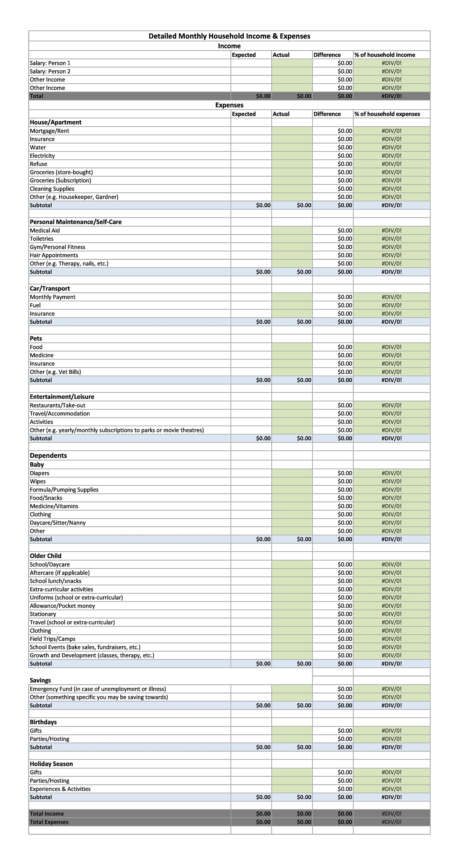 Detailed Monthly Budget Spreadsheet: Customizable Household Finance ...