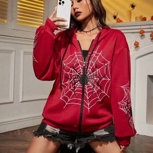 Purple Y2k Hoodie Y2k Spider Web Red Zip Up Hoodie Y2k Clothing ...