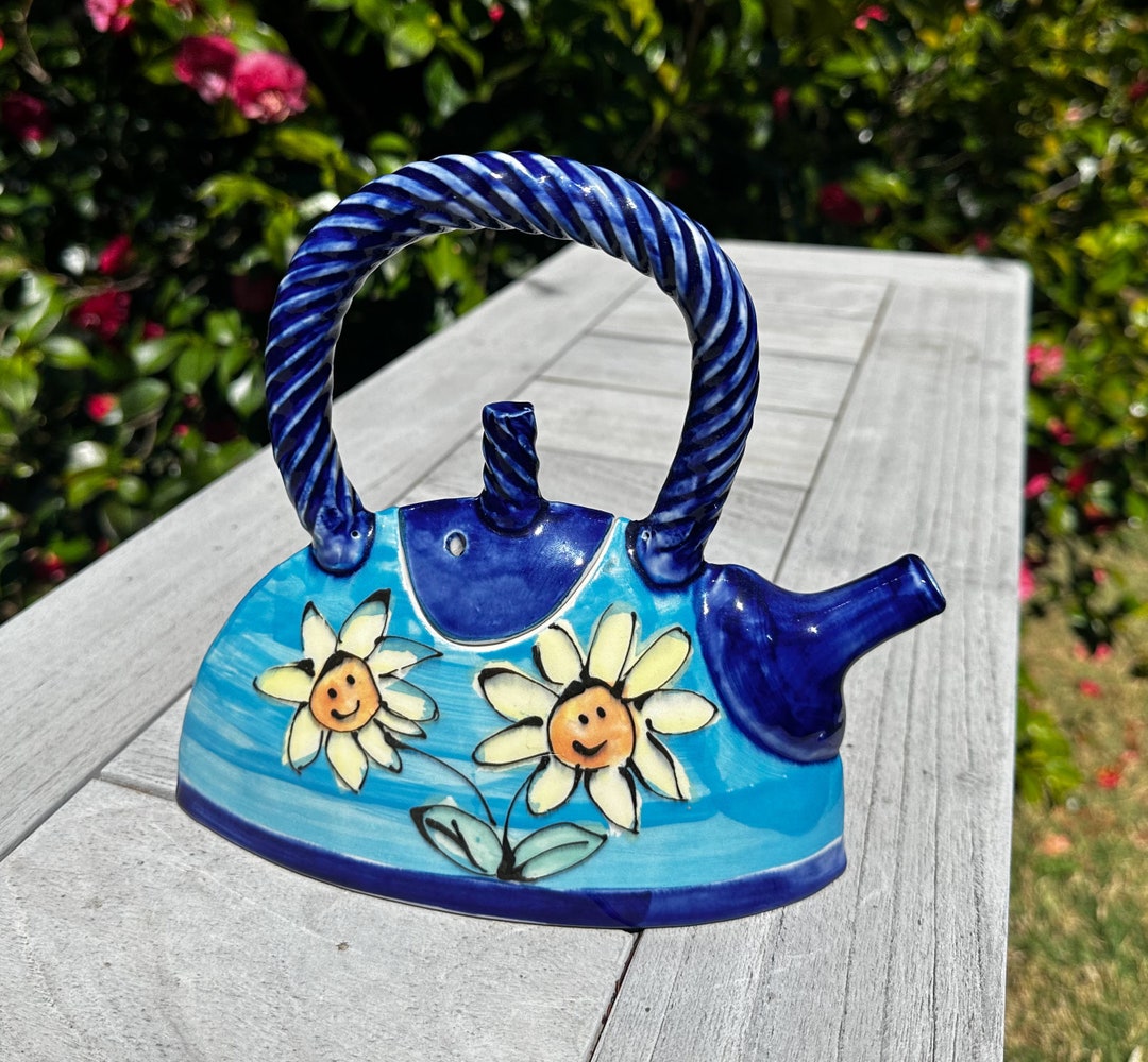 Jan Bell Handbag Teapot With Blue Background and Bright Yellow Flowers ...
