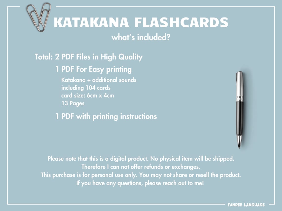 Japanese Katakana Alphabet 104 Flashcards DIGITAL DOWNLOAD | Study ...