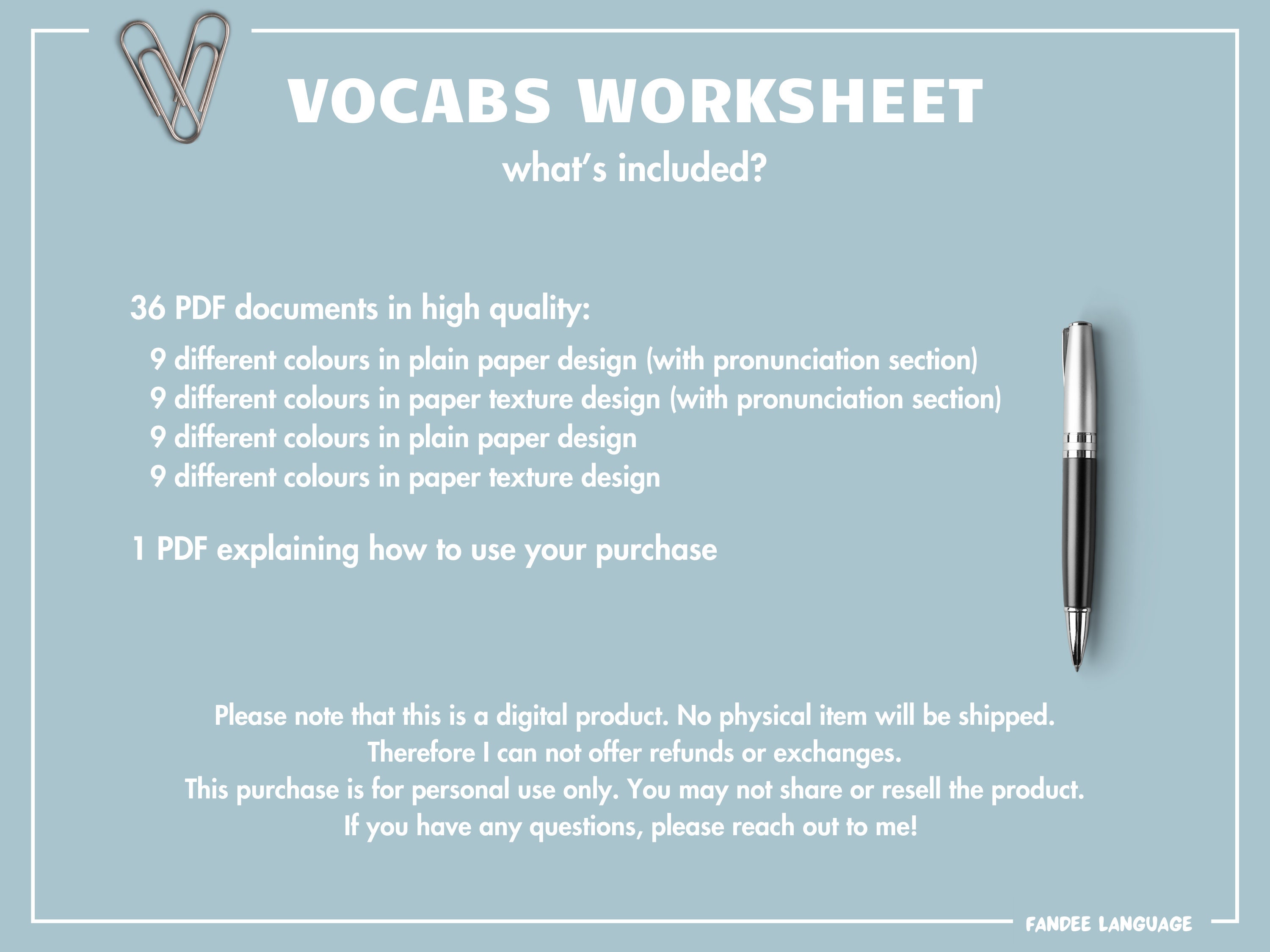 Vocabulary List Worksheet in 9 Colours and 2 Styles With Pronunciation ...
