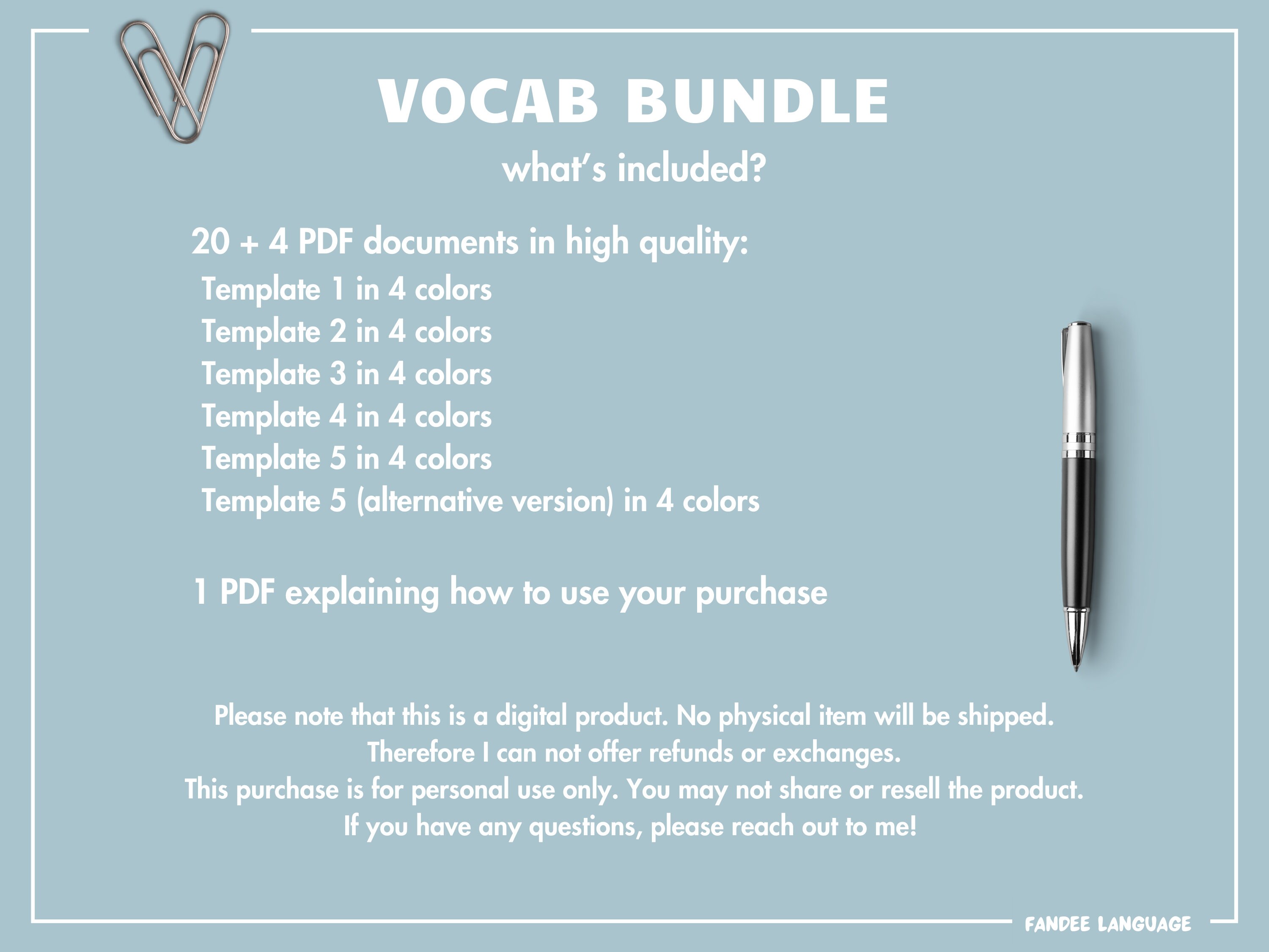 Vocabulary Worksheet Bundle in 4 Colors | Optimized for Languages With ...