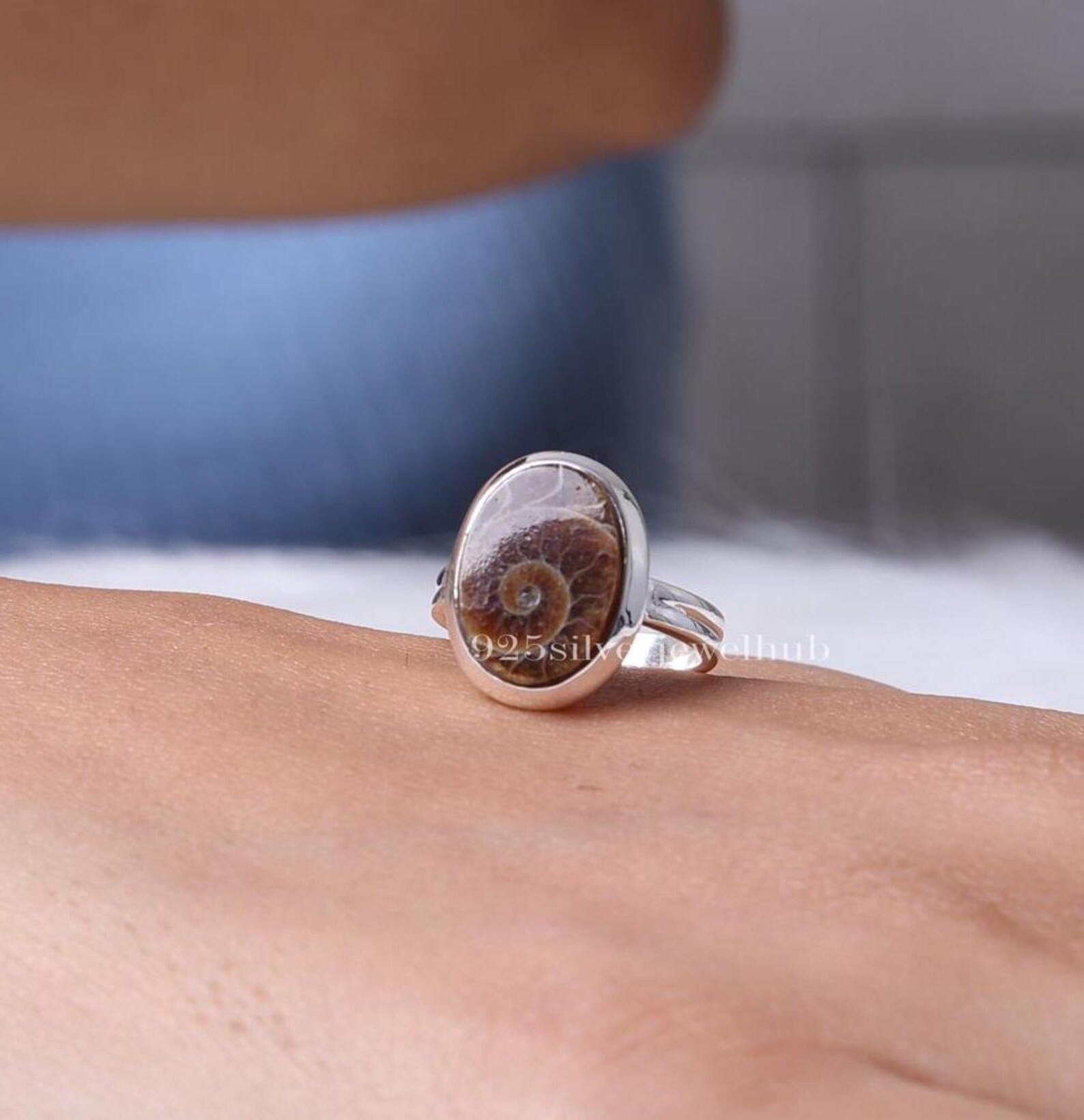 Ammonite Ring, 925 Sterling Silver Ring, Oval Gemstone Ring, Handmade ...