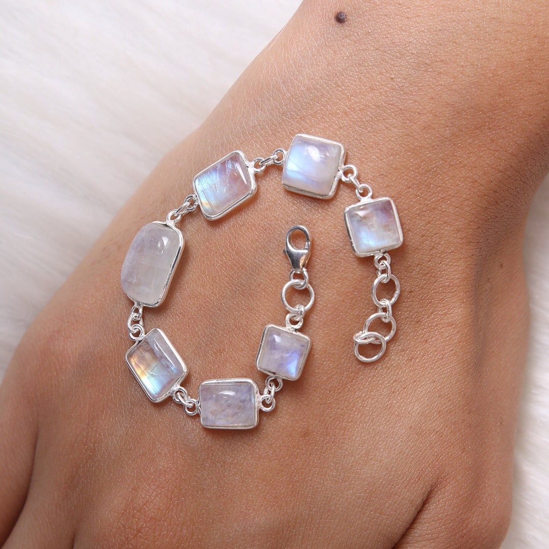 Rainbow Moonstone Bracelet, 925 Sterling Silver Bracelet, Handmade Bracelet, June Birthstone ...