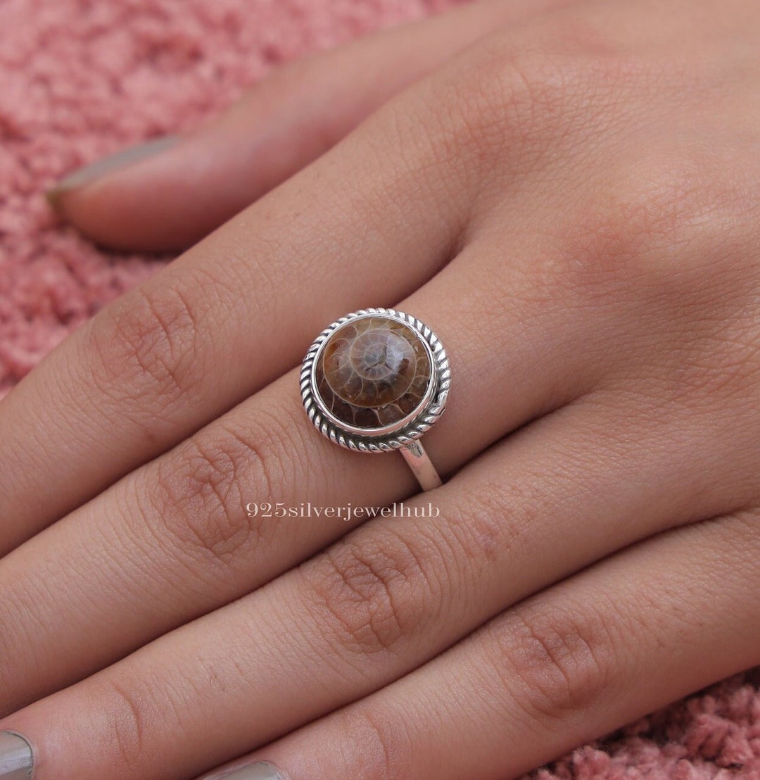 Natural Ammonite Ring, 925 Sterling Silver Ring, Fossil Gemstone Ring ...