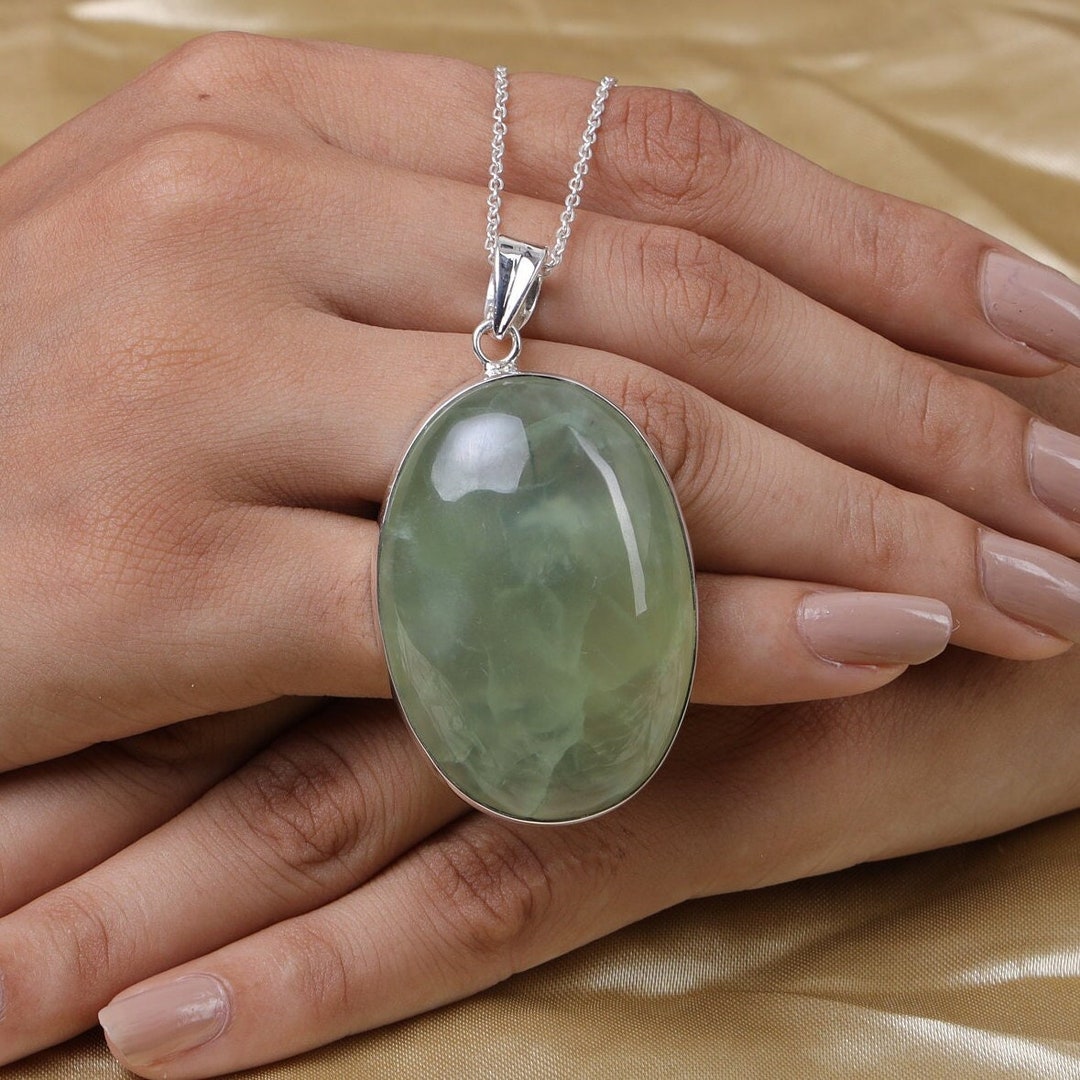 Large Prehnite Pendant, 925 Sterling Silver Pendant, Oval Shaped ...