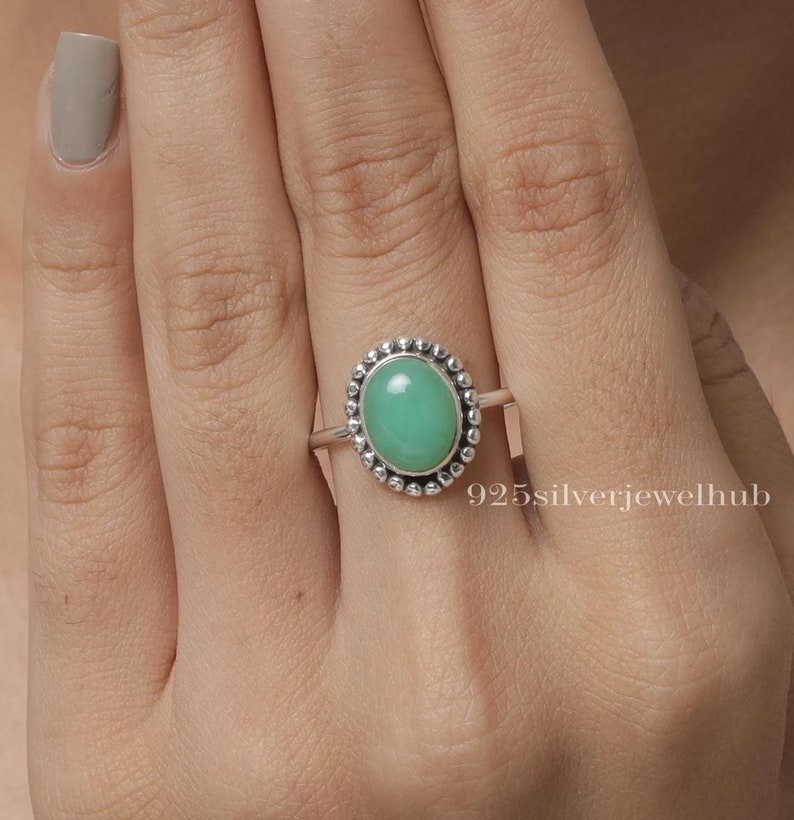 Natural Chrysoprase Ring, 925 Sterling Silver Ring, Oval Gemstone Ring ...