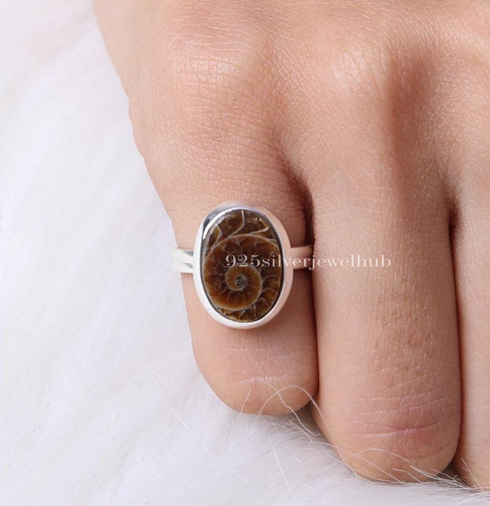 Ammonite Ring, 925 Sterling Silver Ring, Oval Gemstone Ring, Handmade ...