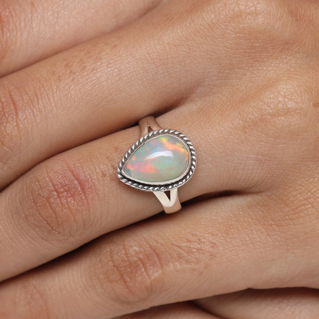 Ethiopian Opal Ring, 925 Sterling Silver Ring, Teardrop Shaped Ring, Opal Gemstone Ring, October ...