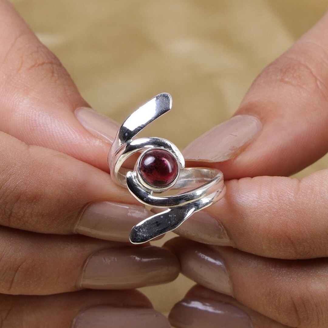 Natural Garnet Ring, 925 Sterling Silver Ring, Round Stone Ring, Twist ...