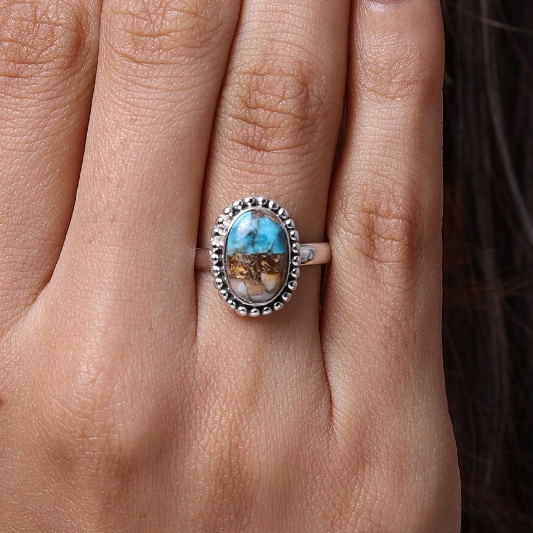 Oyster Turquoise Ring, 925 Solid Sterling Silver Ring, Oval Gemstone ...