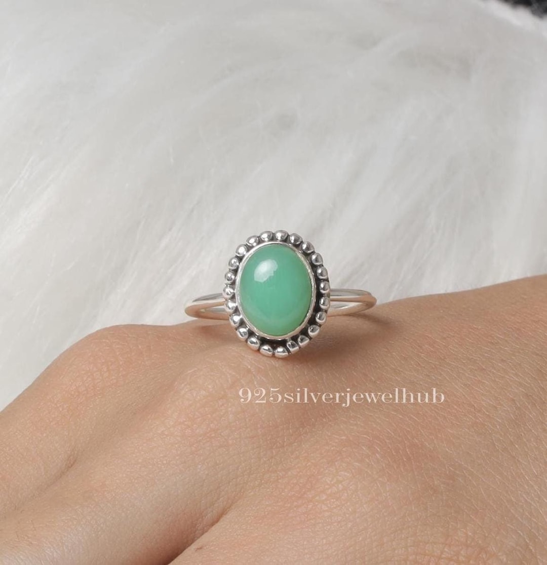Natural Chrysoprase Ring, 925 Sterling Silver Ring, Oval Gemstone Ring ...