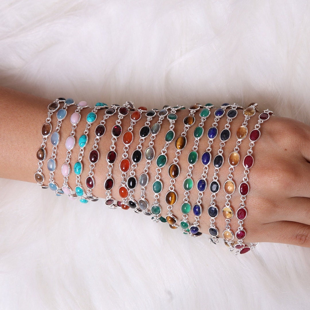 Natural Multi Gemstone 925 Solid Sterling Silver Bracelet, Boho Silver ...