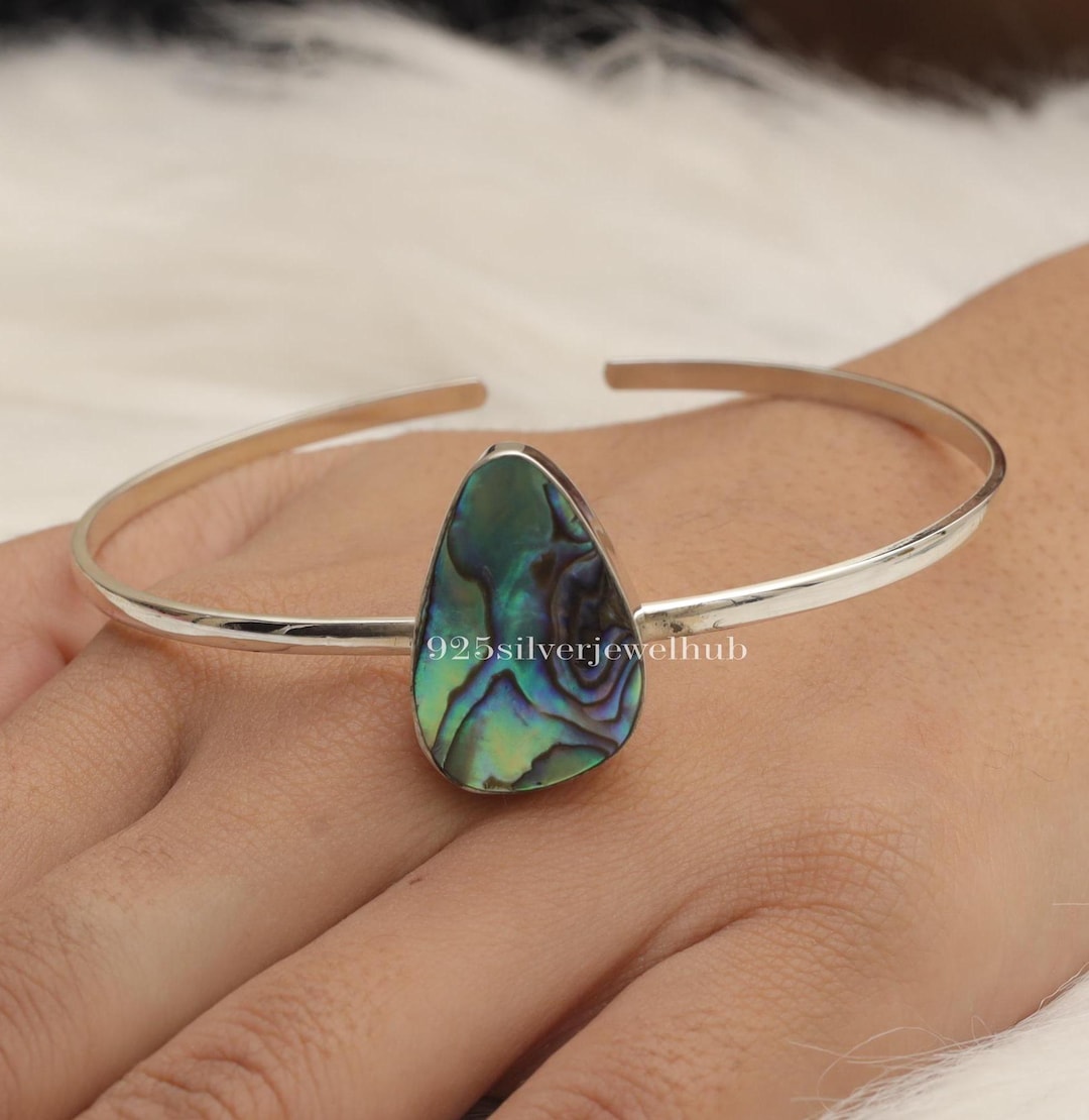 Abalone Shell Cuff Bracelet, 925 Sterling Silver Bangle, Pear Shaped ...