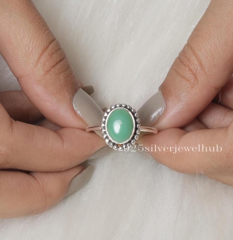 Natural Chrysoprase Ring, 925 Sterling Silver Ring, Oval Gemstone Ring ...