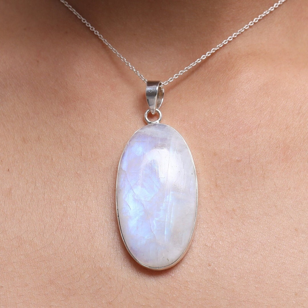 Rainbow Moonstone Pendant, 925 Sterling Silver Necklace, Large Gemstone ...