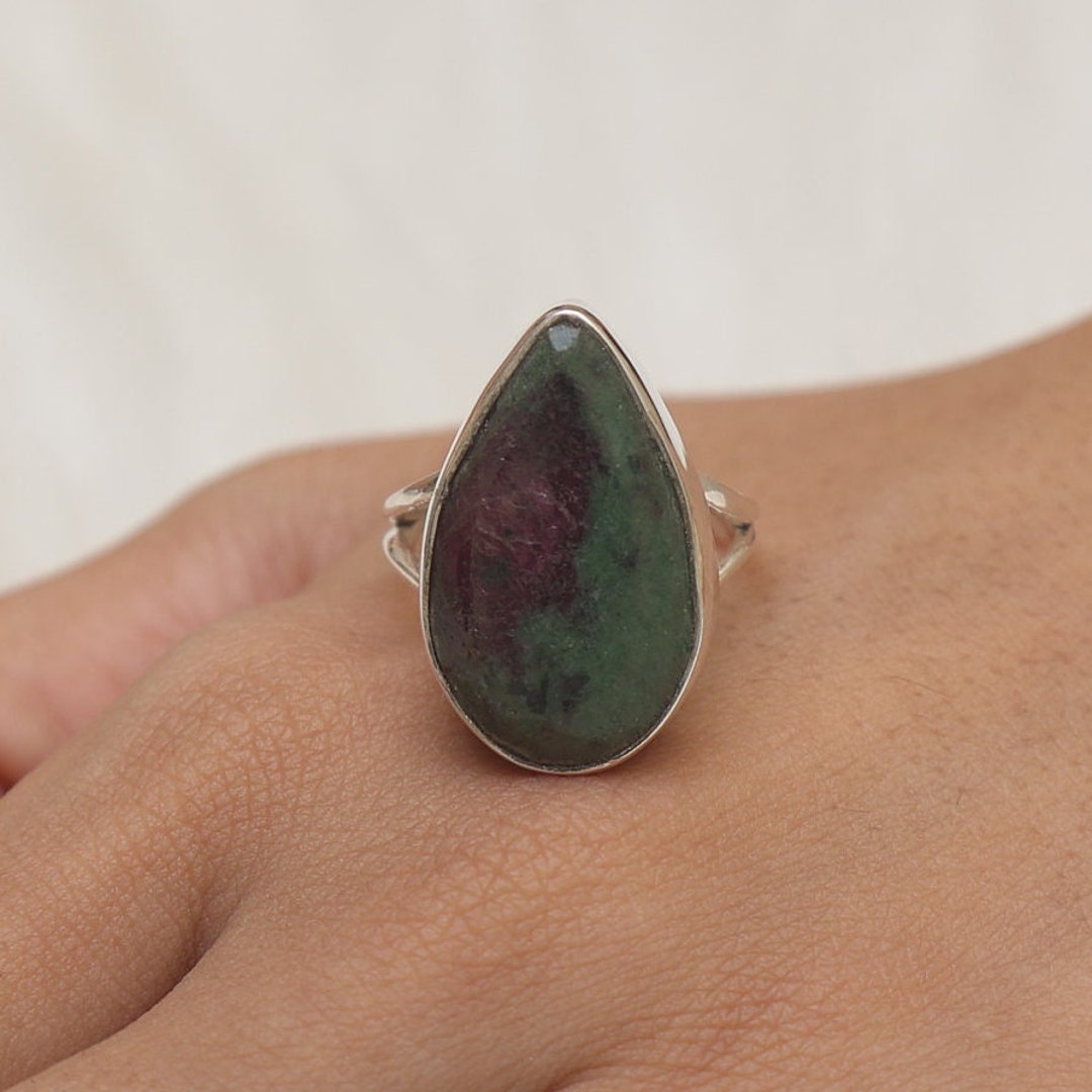 Ruby Zoisite Ring, 925 Solid Sterling Silver Ring, Pear Gemstone Ring, Handmade Ring, Natura ...