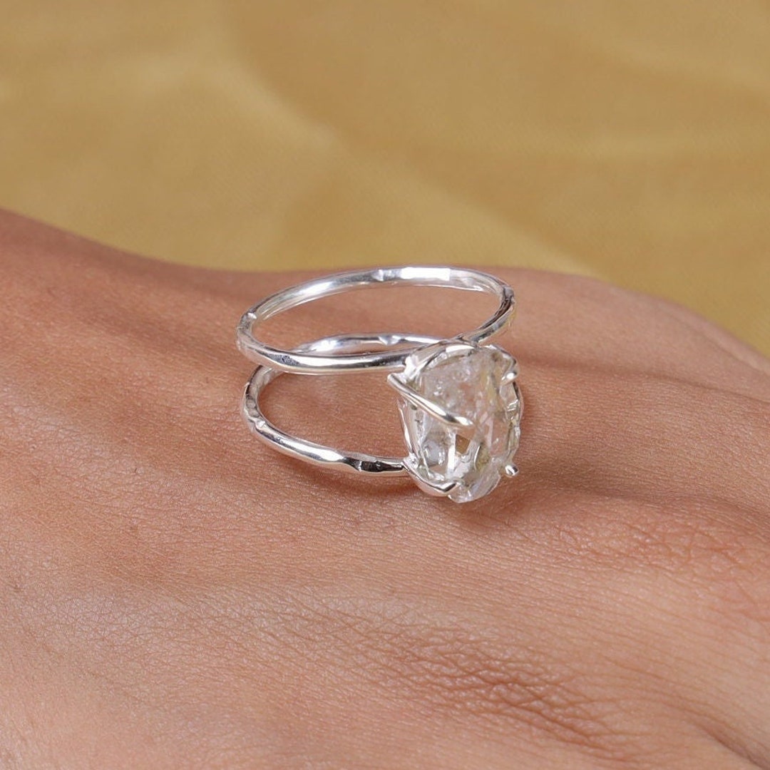 Raw Herkimer Diamond Ring, 925 Sterling Silver Ring, Double Band Ring, Handmade Ring, Women Ring ...