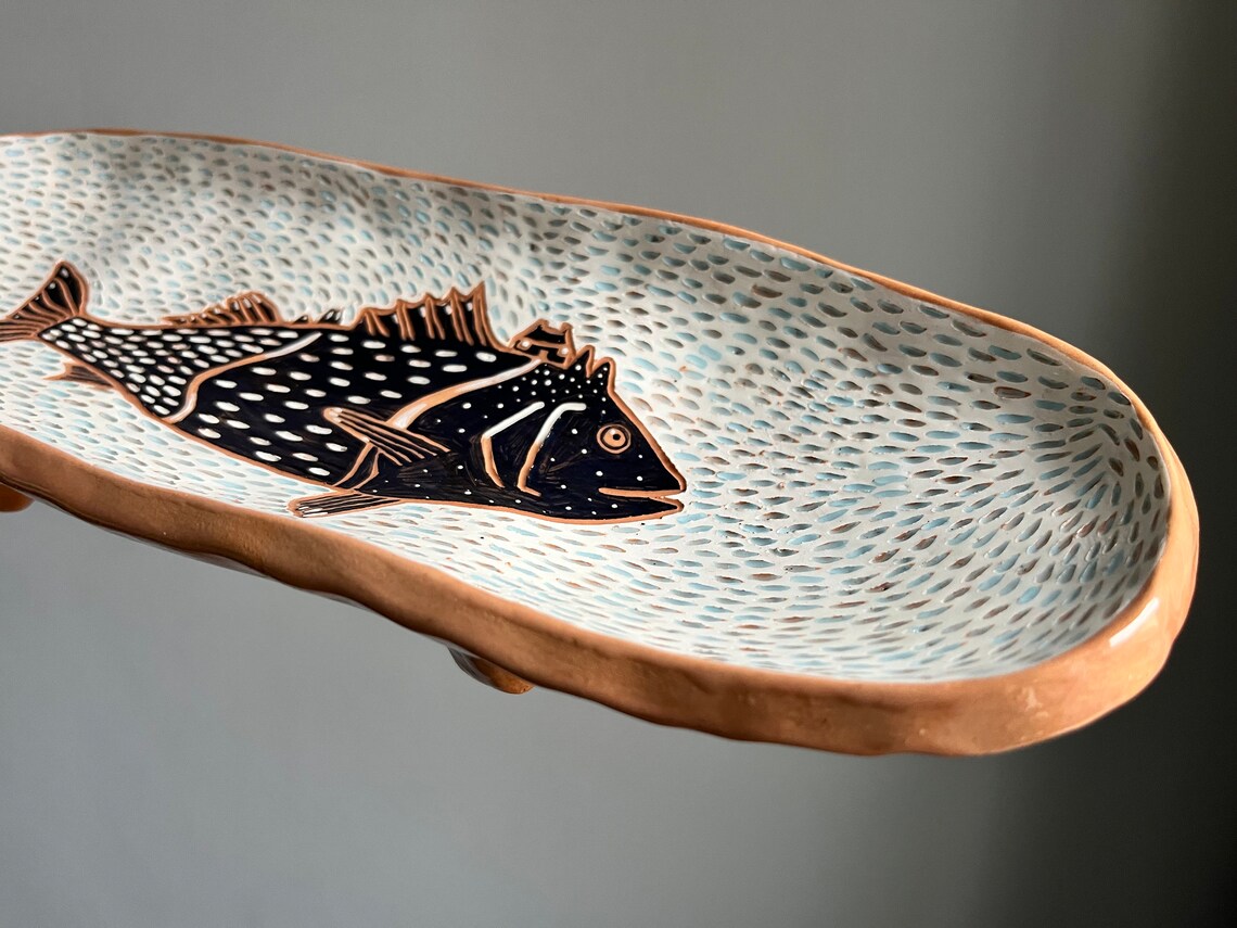 Sgraffito Tray With Black Fish / Coffee Table Ceramic Plate / Unique ...