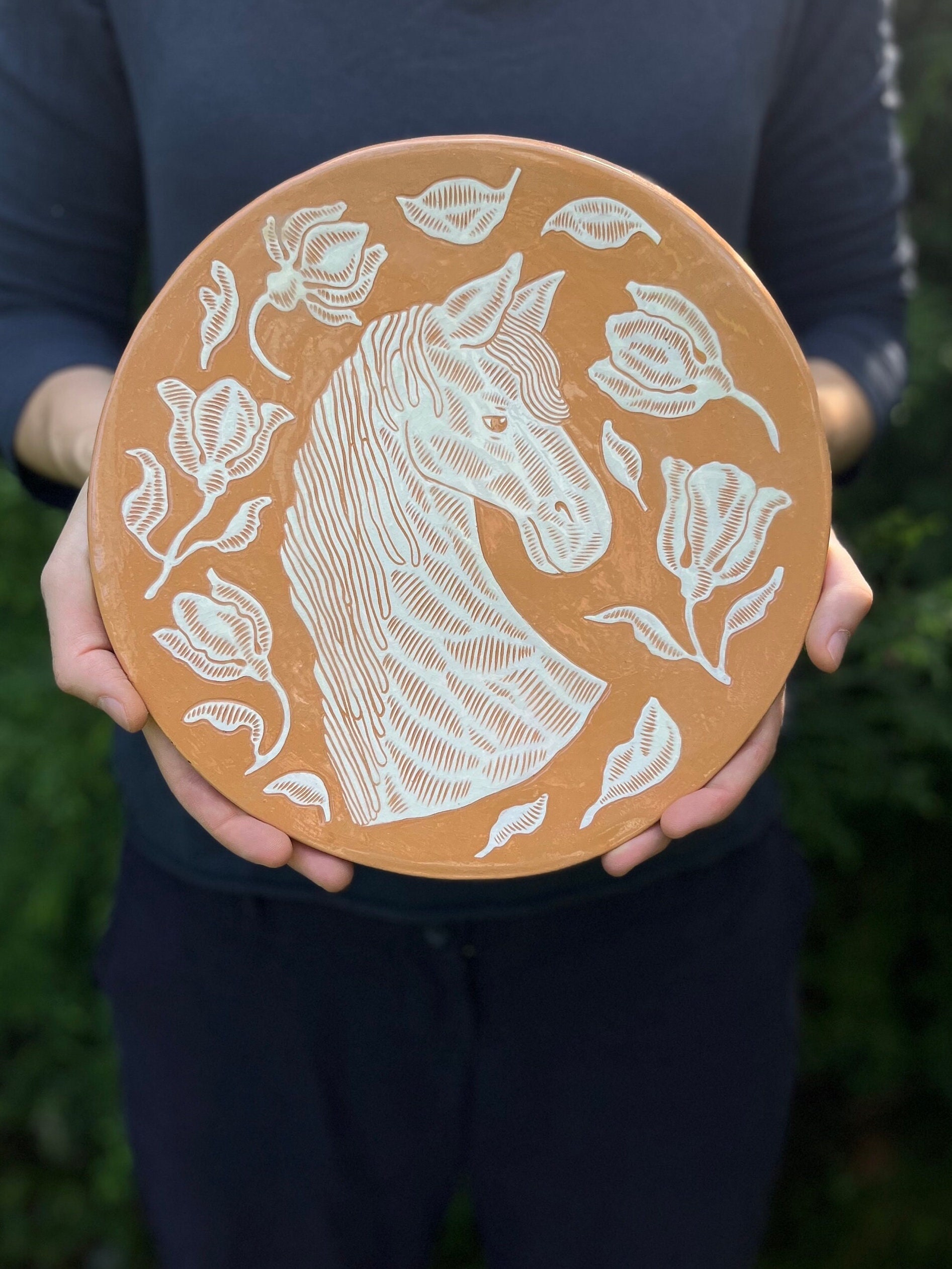 Sgraffito Pottery Plate With White Horse / Sgraffito Ceramic Platter ...