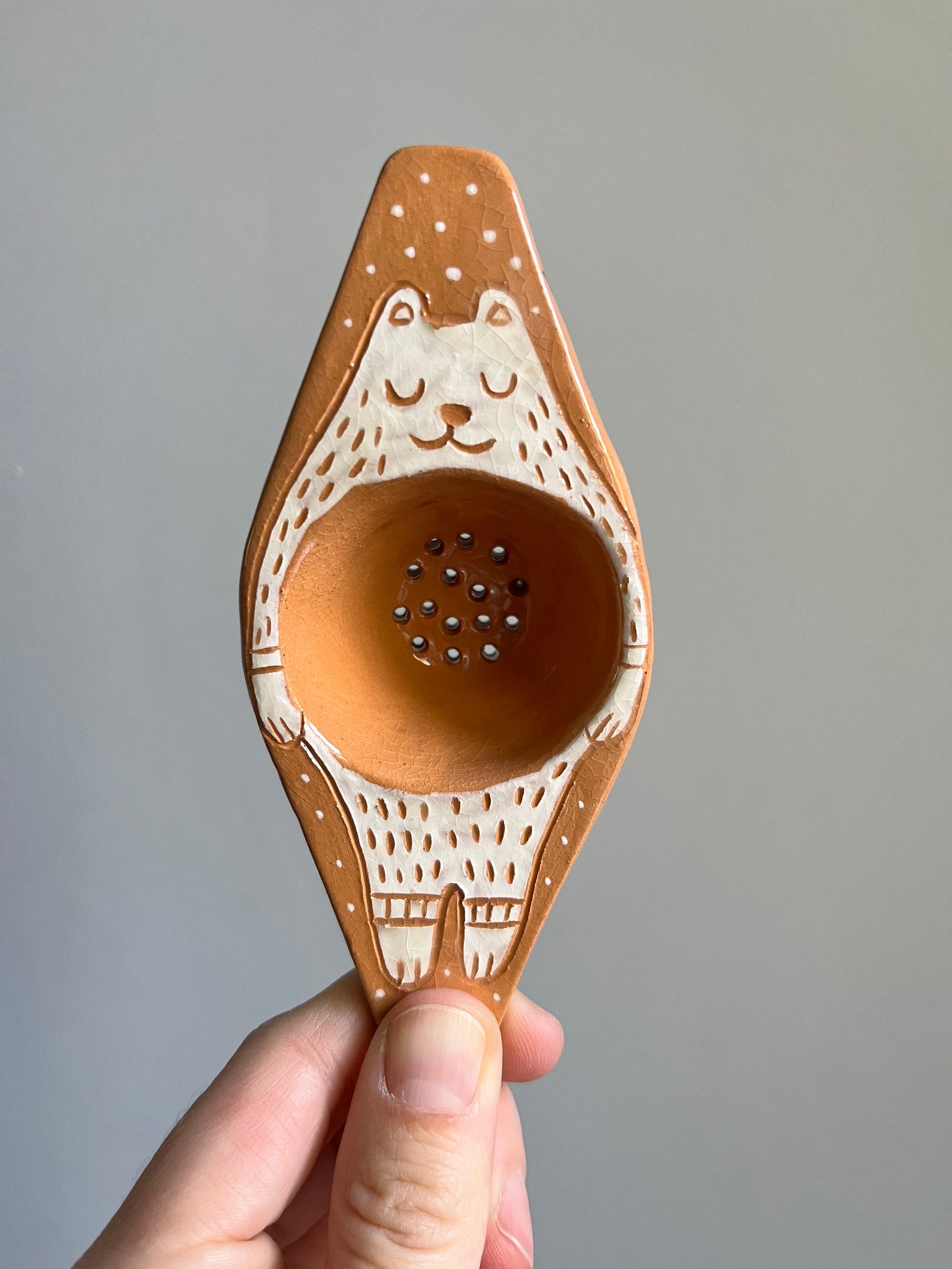 Ceramic Tea Strainer With White Bear / Whimsical Tea Strainer With Cute Bear Sgraffito ...