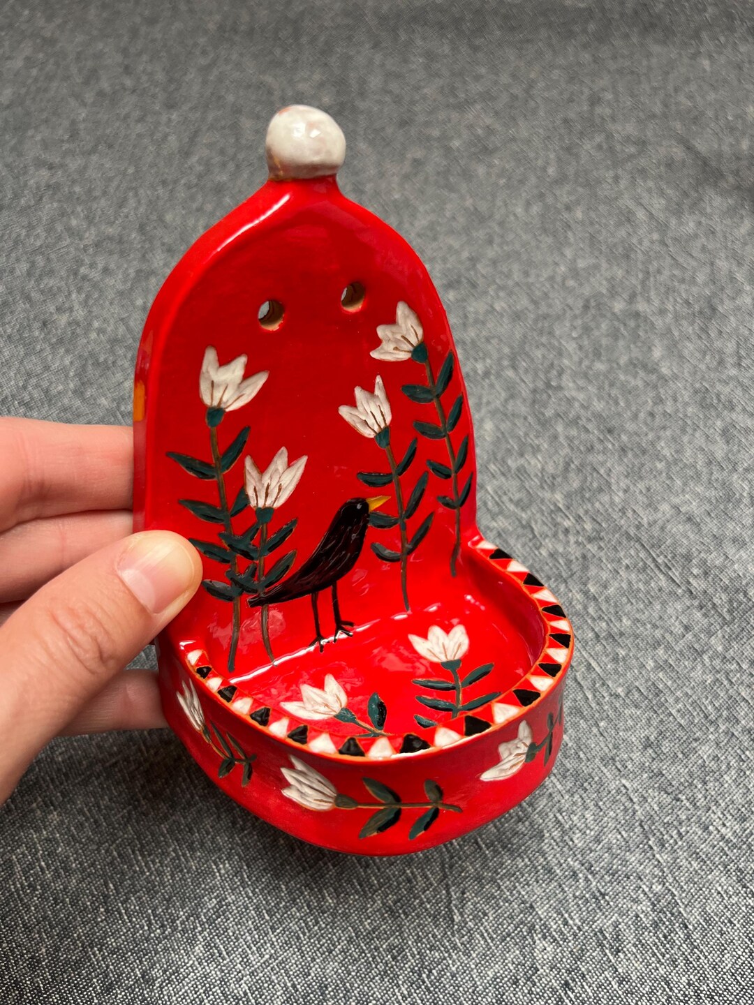 Red Ceramic Shelf With Black Bird / Handmade Red Sgraffito Ceramic Wall ...