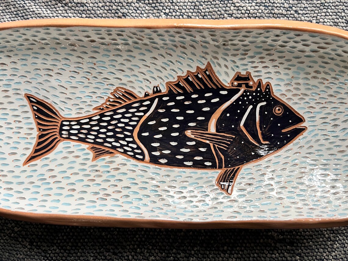 Sgraffito Tray With Black Fish / Coffee Table Ceramic Plate / Unique ...