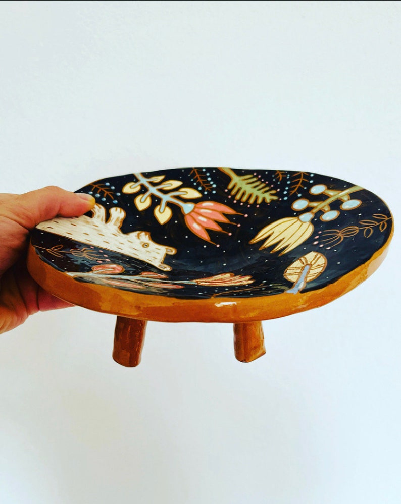 Black Centerpiece Ceramic Tray With Floral Sgraffito / Illustrated ...