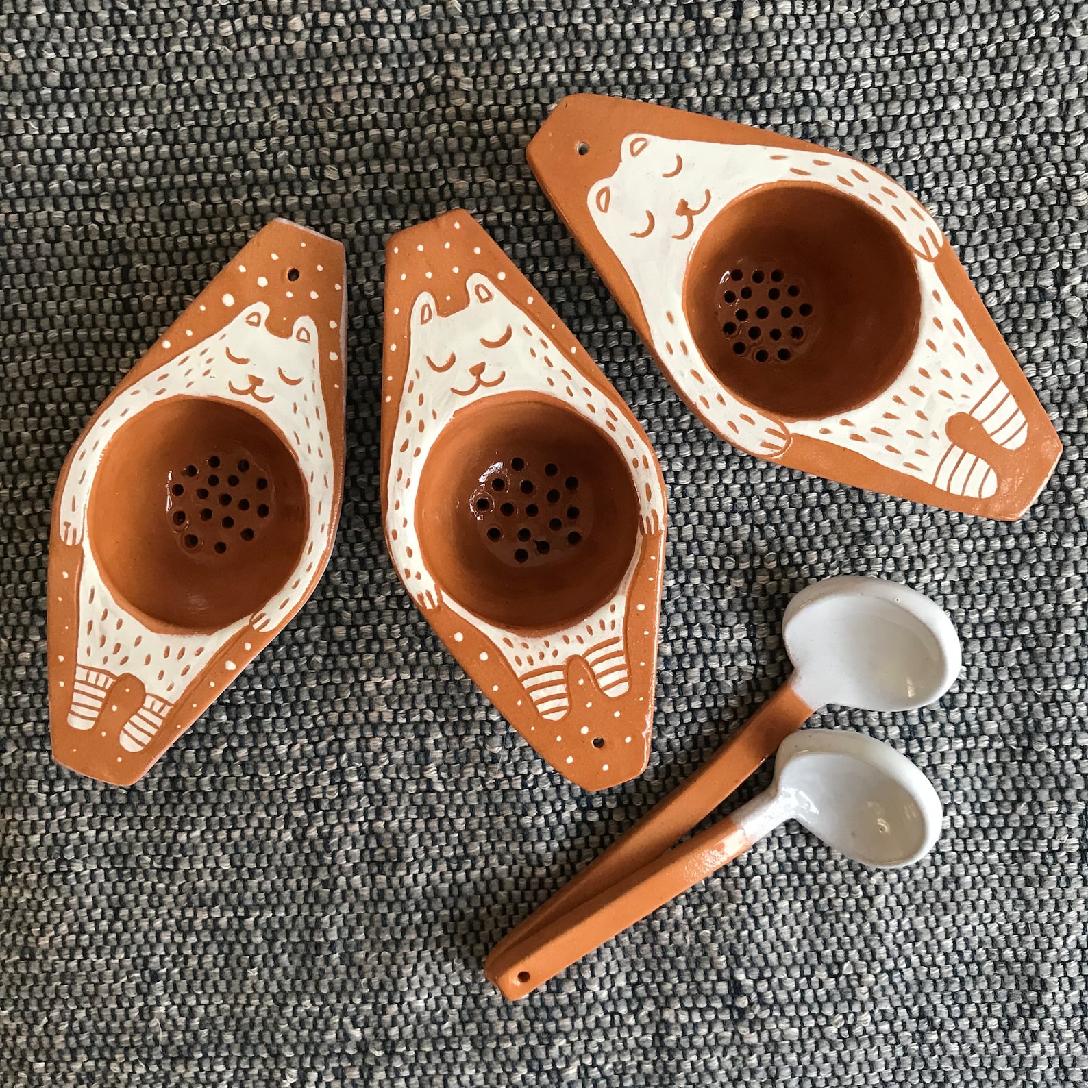 Ceramic Tea Strainer With White Bear / Whimsical Tea Strainer With Cute Bear Sgraffito ...