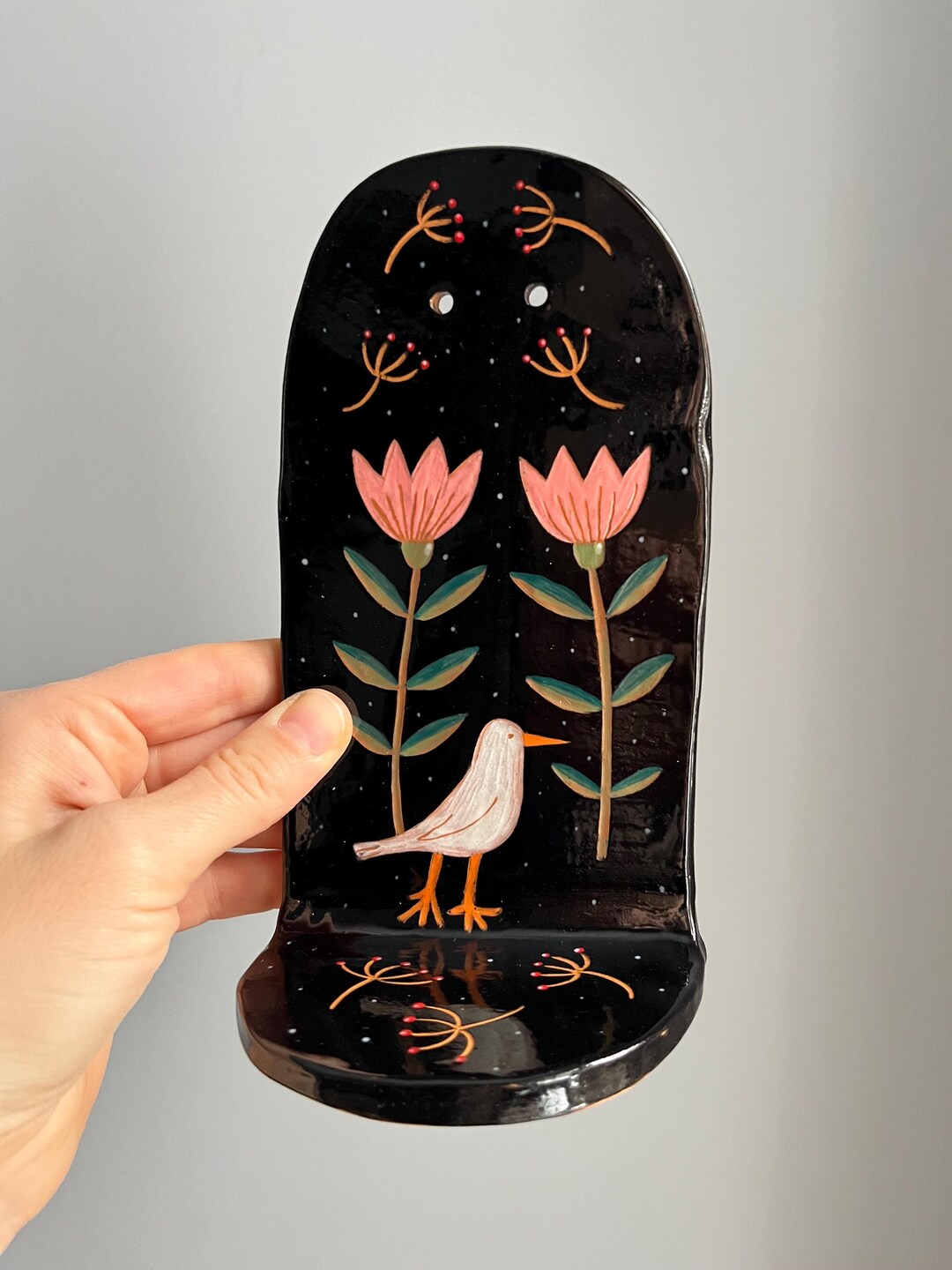 Black Ceramic Shelf With Red Berries / Handmade Sgraffito Ceramic Wall ...