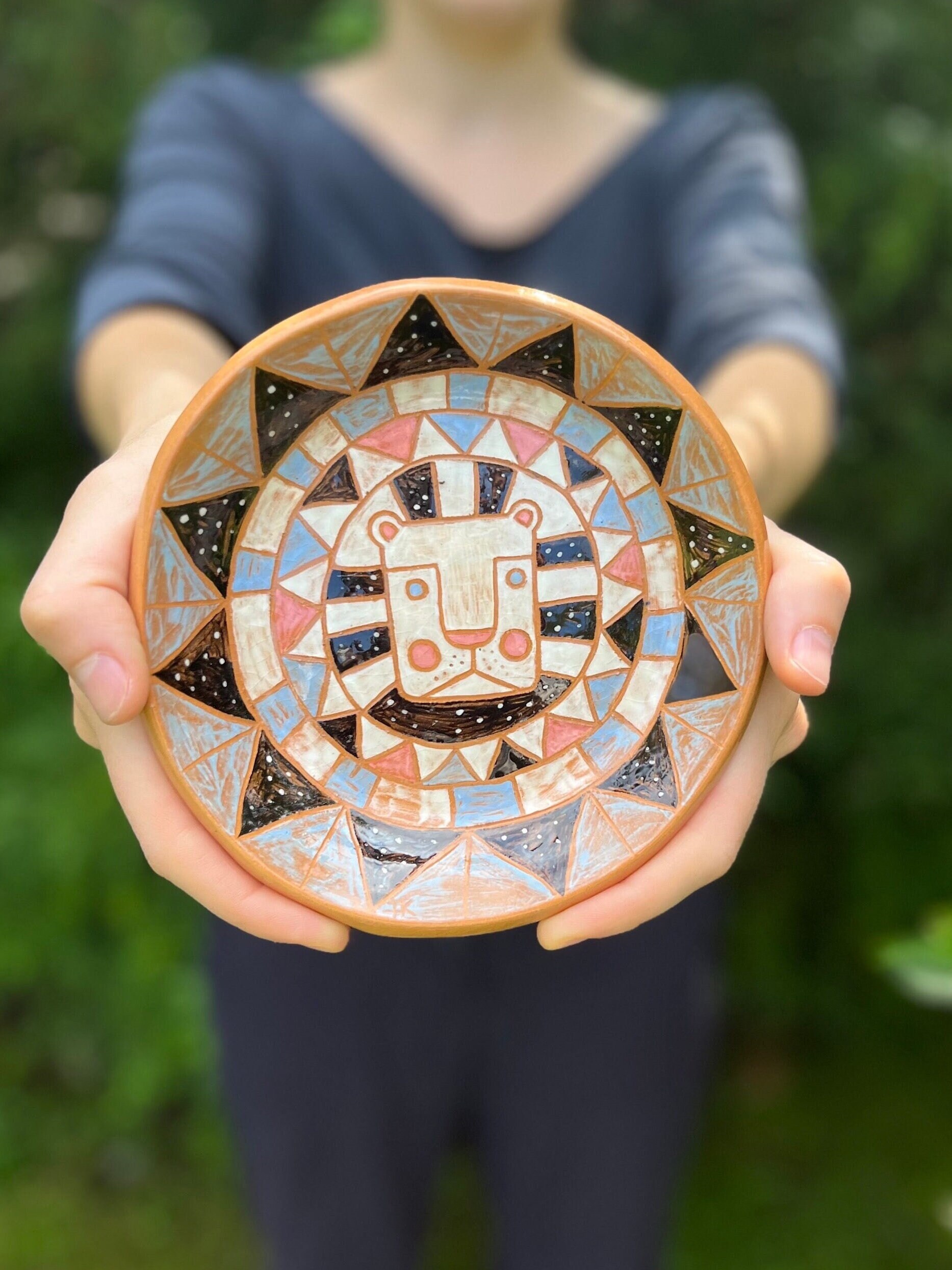 Colorful Ceramic Sgraffito Plate With Lion / Terracotta Dish With Lion ...
