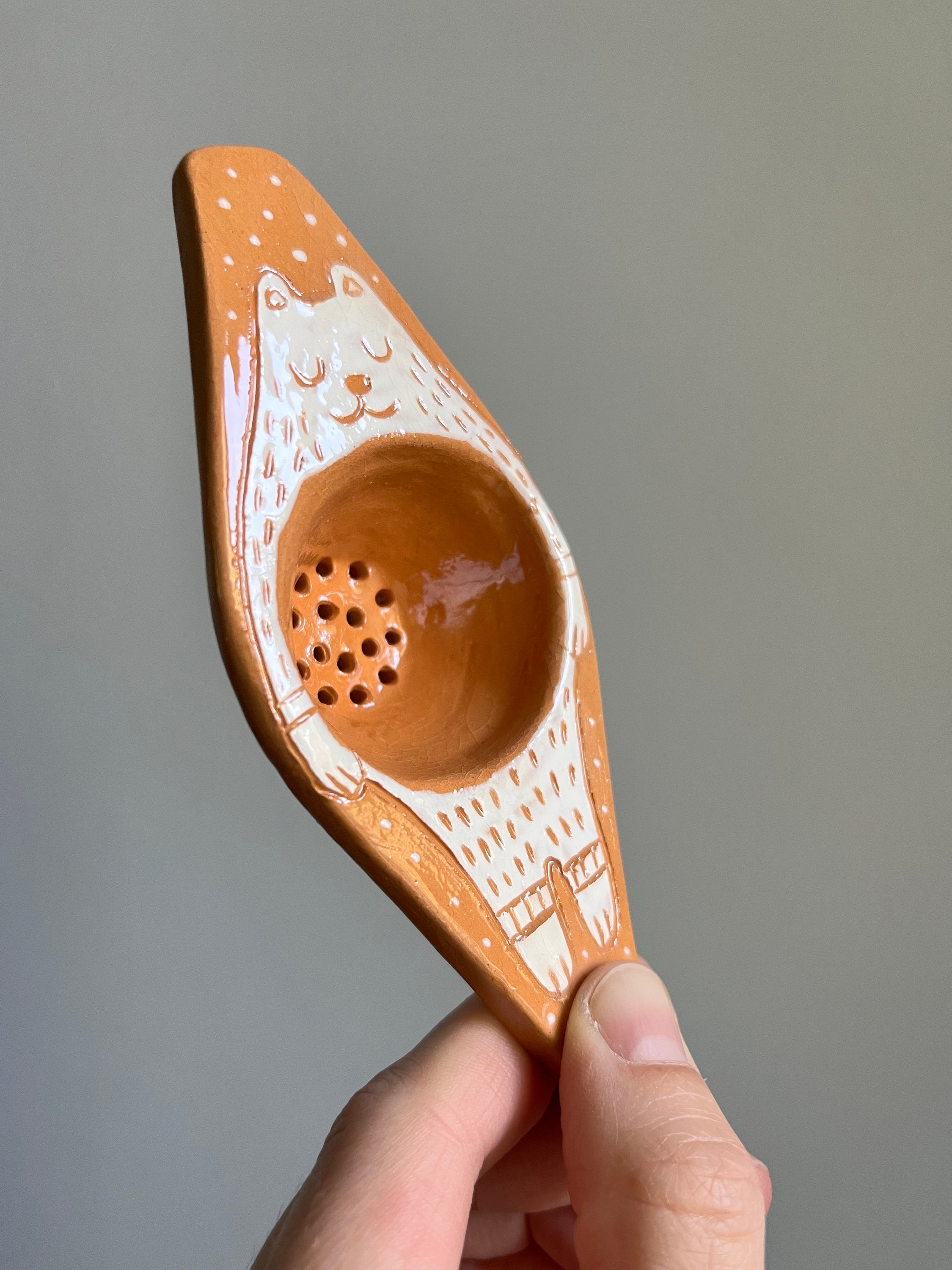 Ceramic Tea Strainer With White Bear / Whimsical Tea Strainer With Cute Bear Sgraffito ...