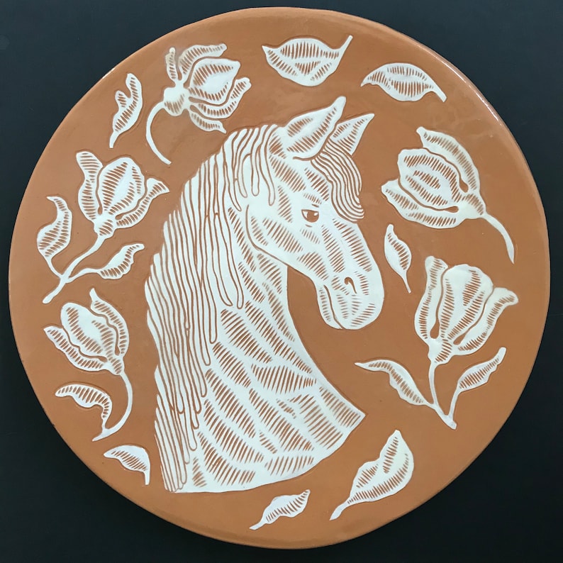 Sgraffito Pottery Plate With White Horse / Sgraffito Ceramic Platter ...