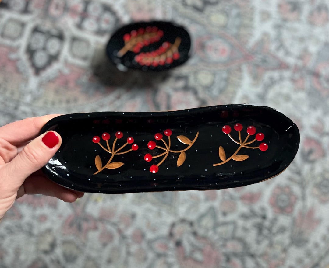Black Sgraffito Plate With Red Berries / Illustrated Terracotta Footed ...