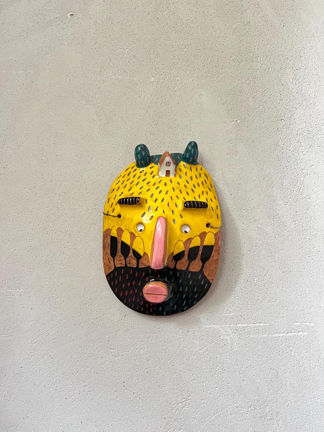 Yellow Ceramic Mask With Tiny Houses / Wall Decor/ Illustrated Ceramic ...
