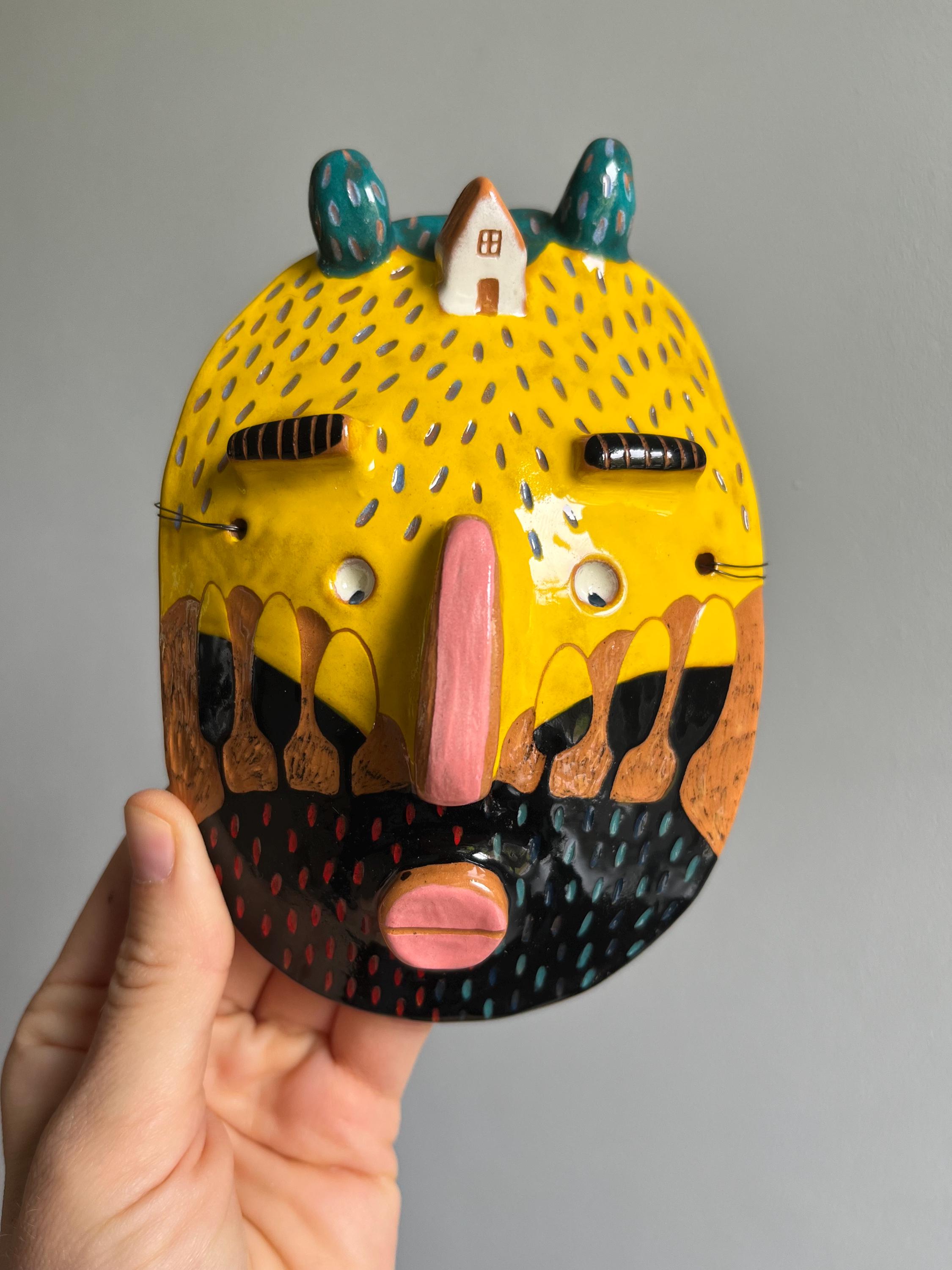 Yellow Ceramic Mask With Tiny Houses / Wall Decor/ Illustrated Ceramic ...