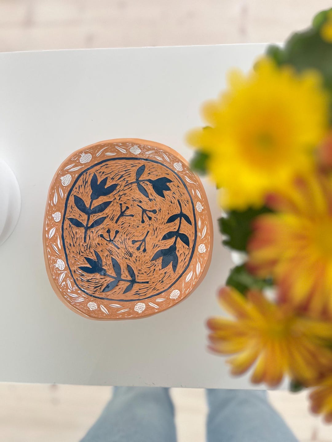 Sgraffito Terracotta Plate With Navy Flowers and White Pomegranate Rim ...