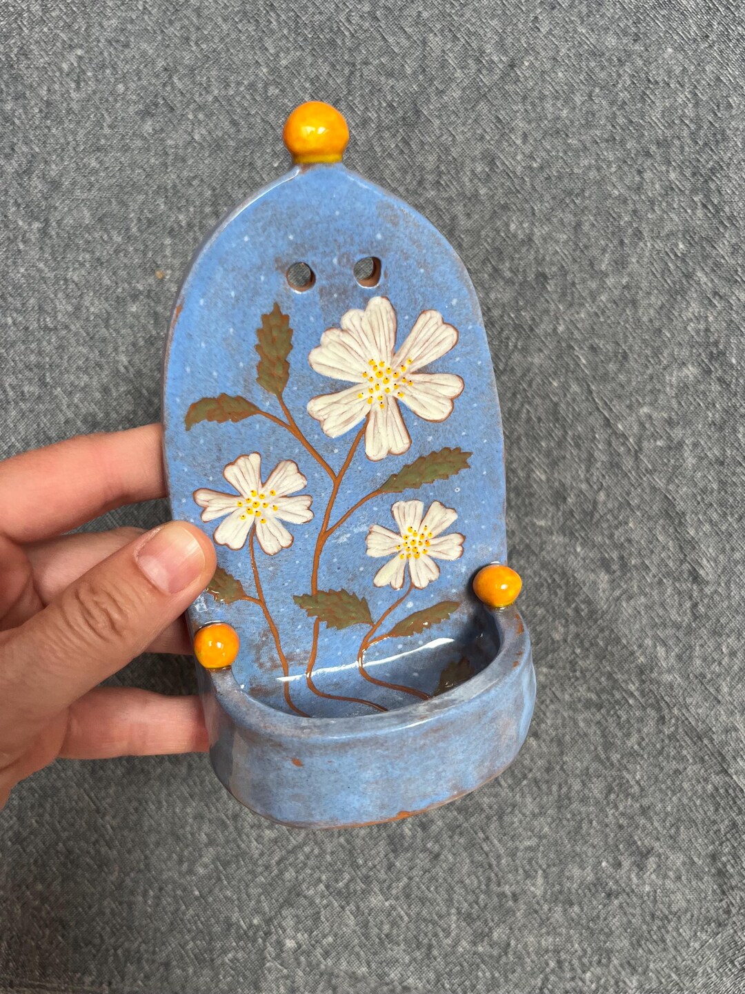Blue Ceramic Shelf With White Flower / Handmade Blue Sgraffito Ceramic ...