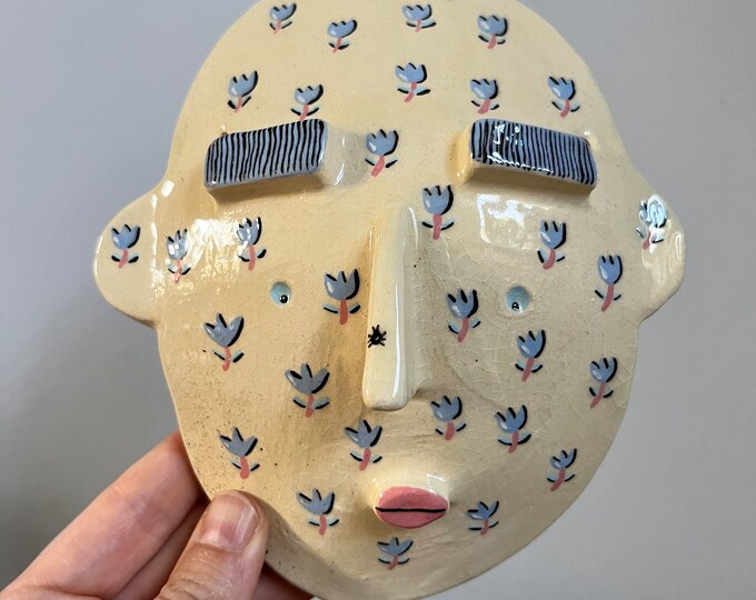 Yellow Ceramic Mask With Floral Pattern / Wall Decor/ Illustrated ...