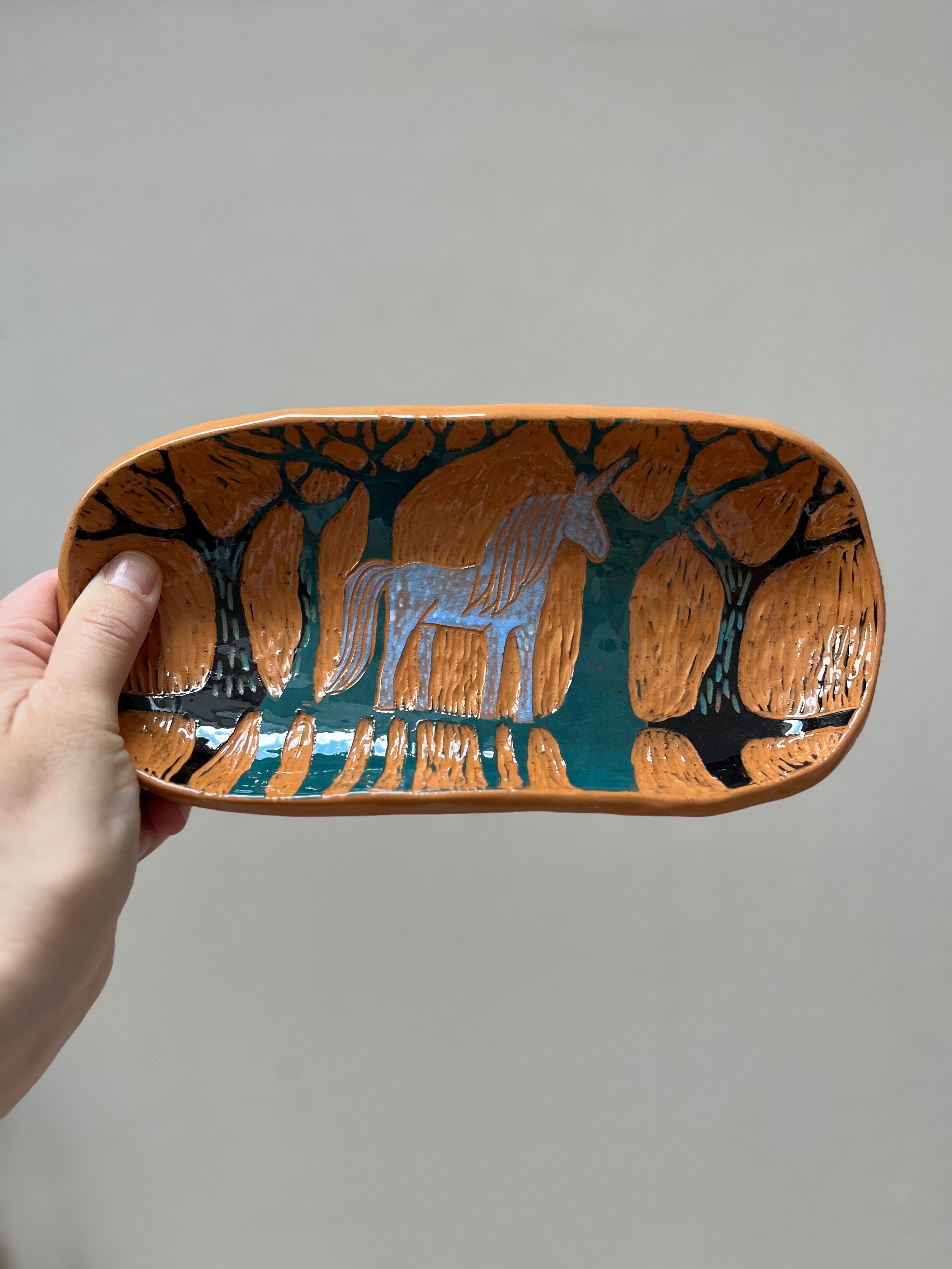 Footed Sgraffito Pottery Plate / Terracotta Dish With Unicorn and Trees ...