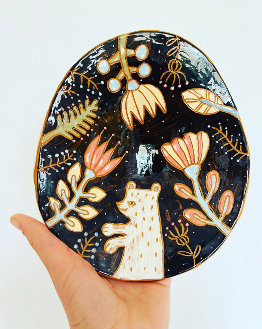 Black Centerpiece Ceramic Tray With Floral Sgraffito / Illustrated ...