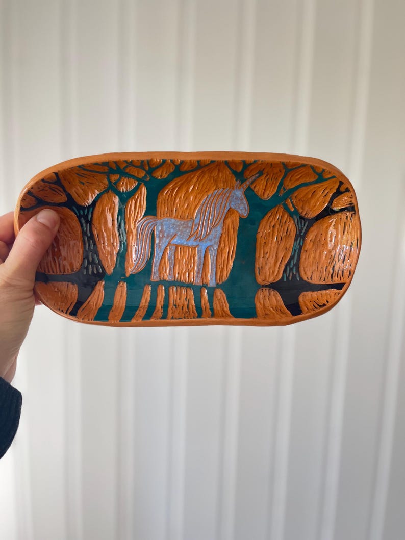 Footed Sgraffito Pottery Plate / Terracotta Dish With Unicorn and Trees ...