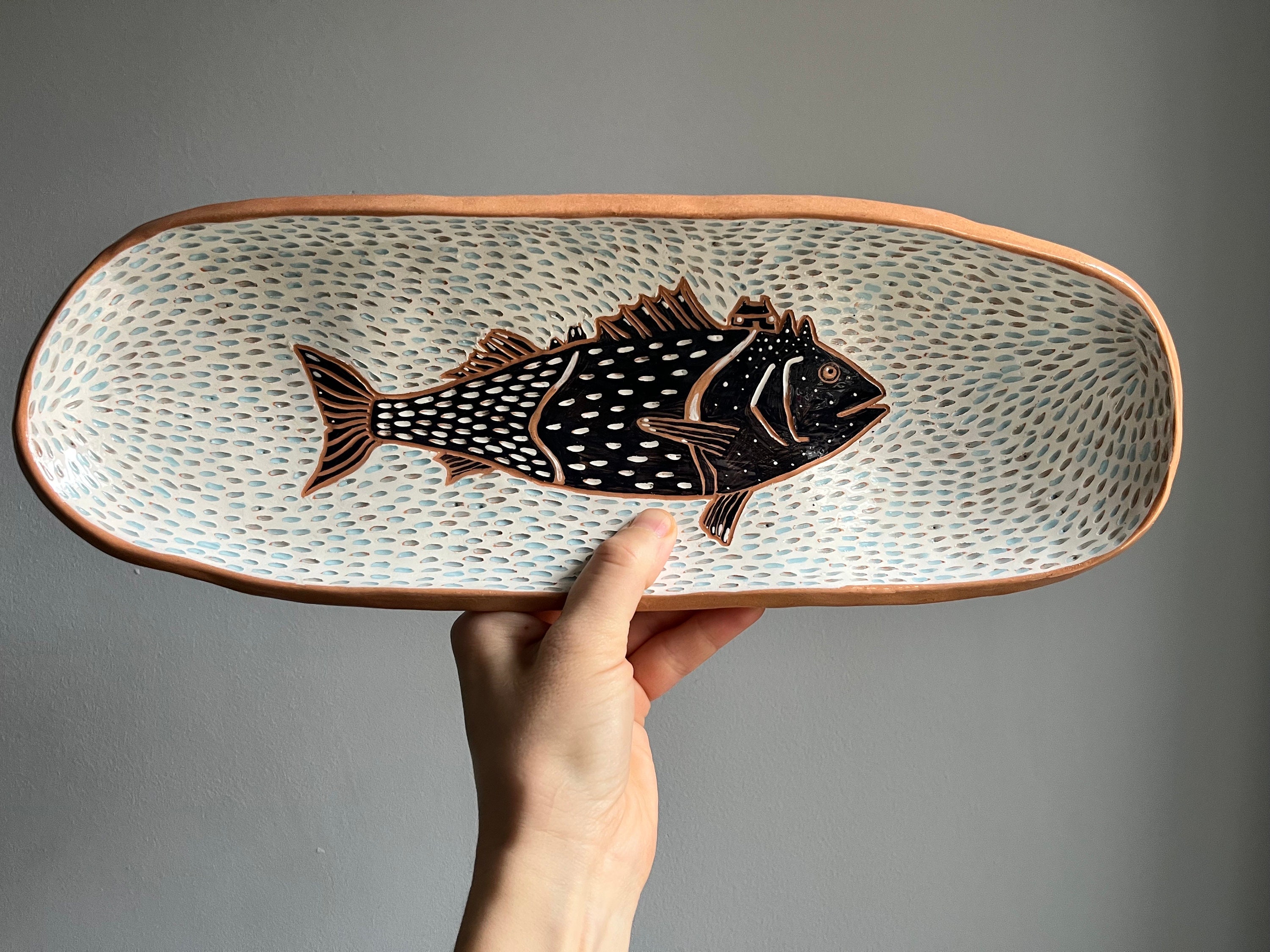 Sgraffito Tray With Black Fish / Coffee Table Ceramic Plate / Unique ...